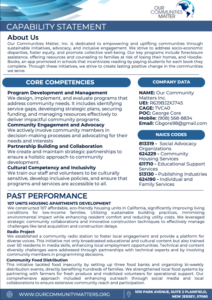 Capabilities – OUR COMMUNITIES MATTER INC
